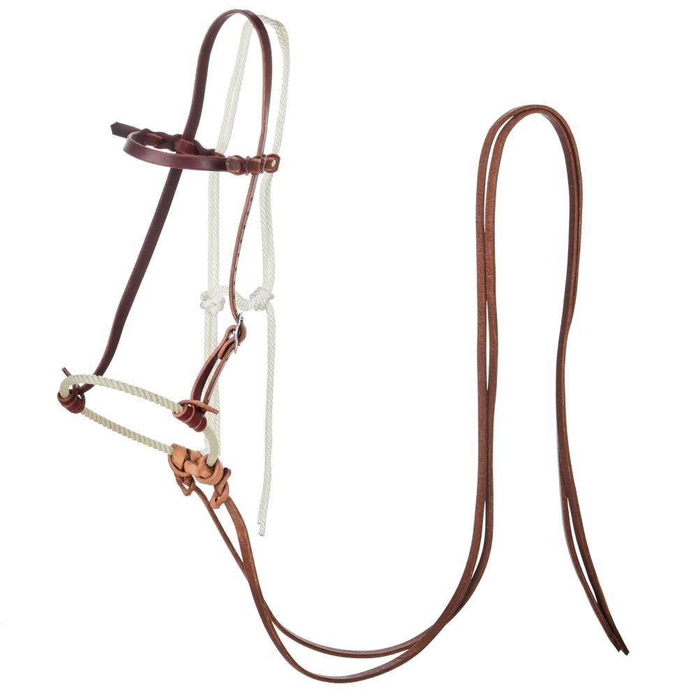 NRS Rope Nose Oiled Leather Training Hackamore Bridle with Split Reins