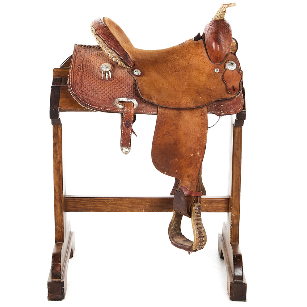 Connie Combs USed 14.5in Spider and Feather Tooled Barrel Saddle