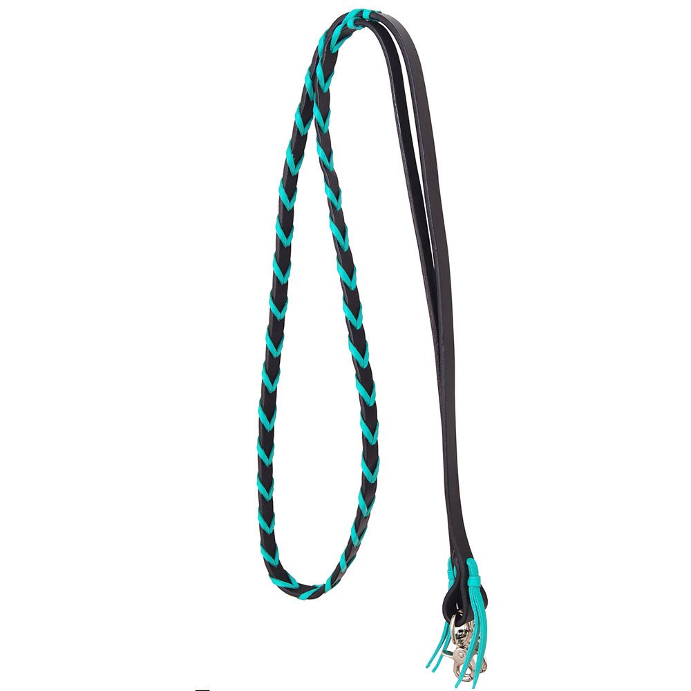 Rafter T Ranch Company Leather Barrel Rein with Turquoise Braid
