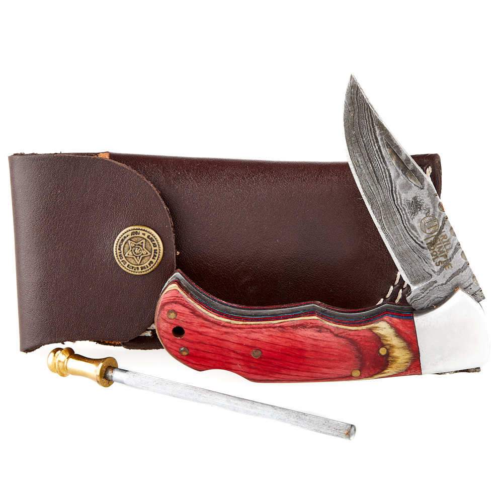 Rill Simple Tools, Llc Colorado Red Silver Damascus Knife w/Sheath 050