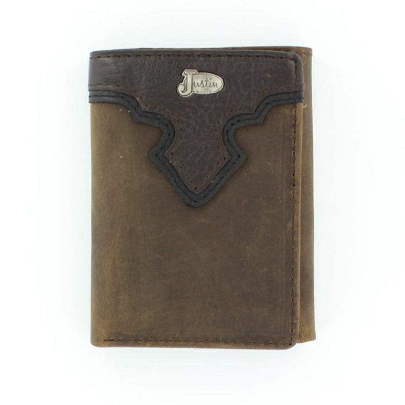 Justin Dark Brown Distressed Leather Tri-Fold Wallet