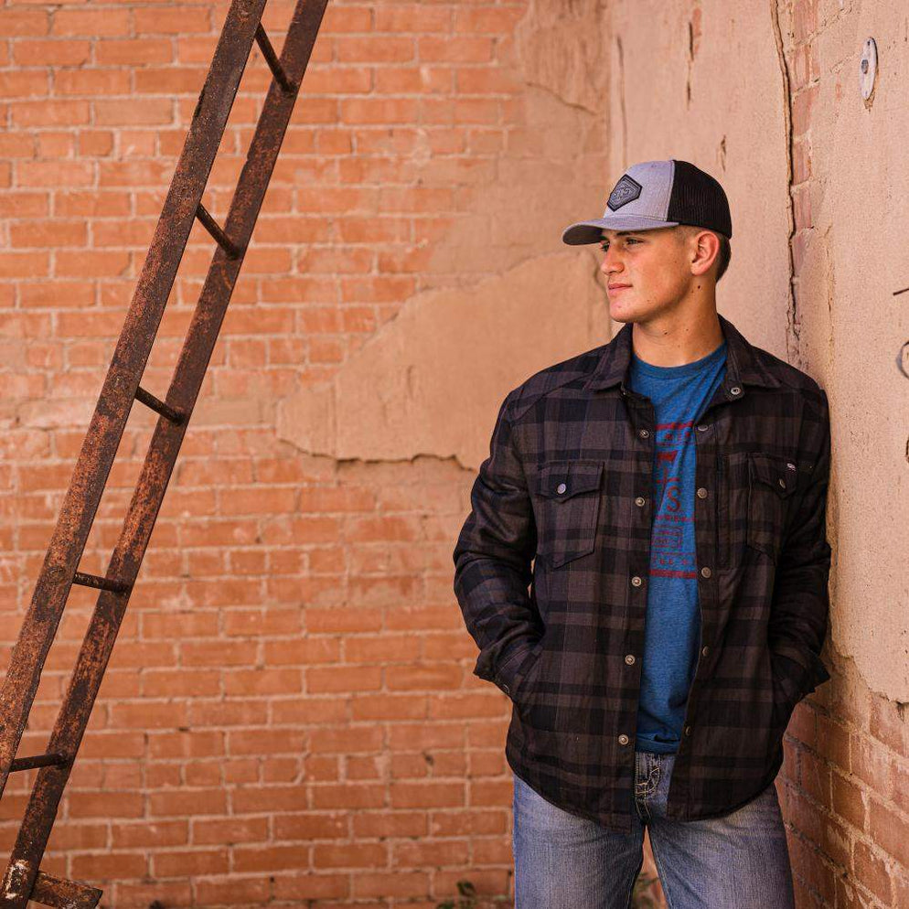 STS Ranch Wear Men's Trapper Grey and Navy Plaid Shirt Jacket