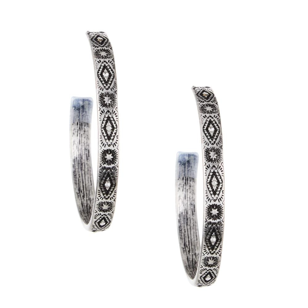 Silver Aztec Engraved Hoop Earrings