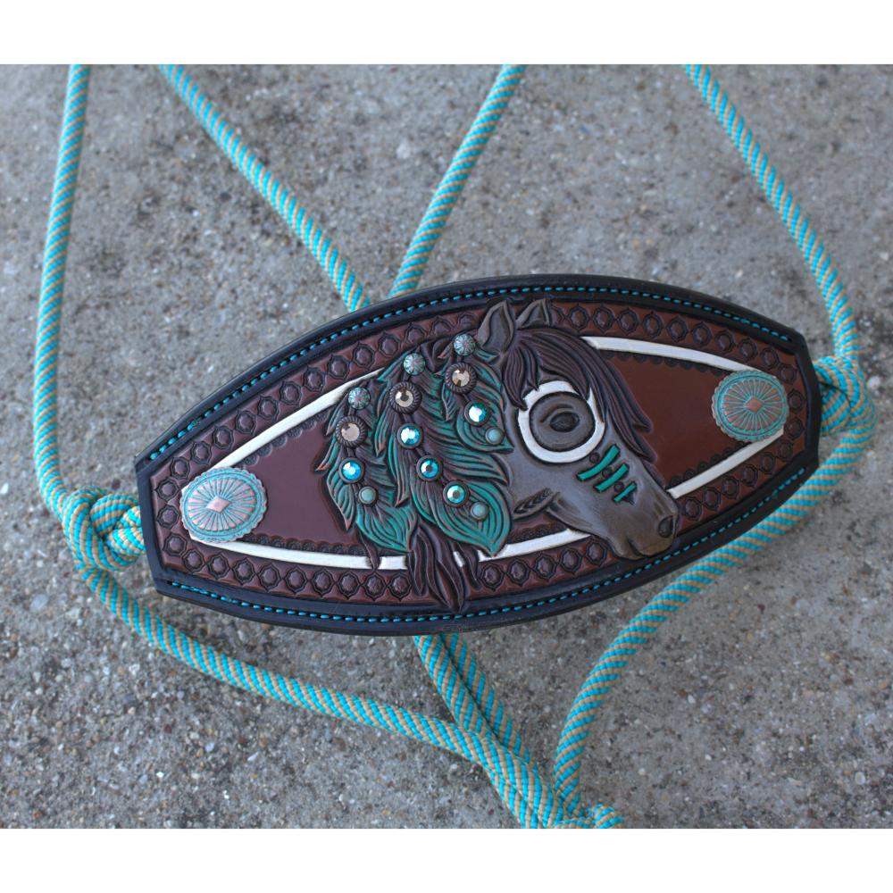 Kk Leathers Turquoise War Horse Bronc Noseband Rope Halter