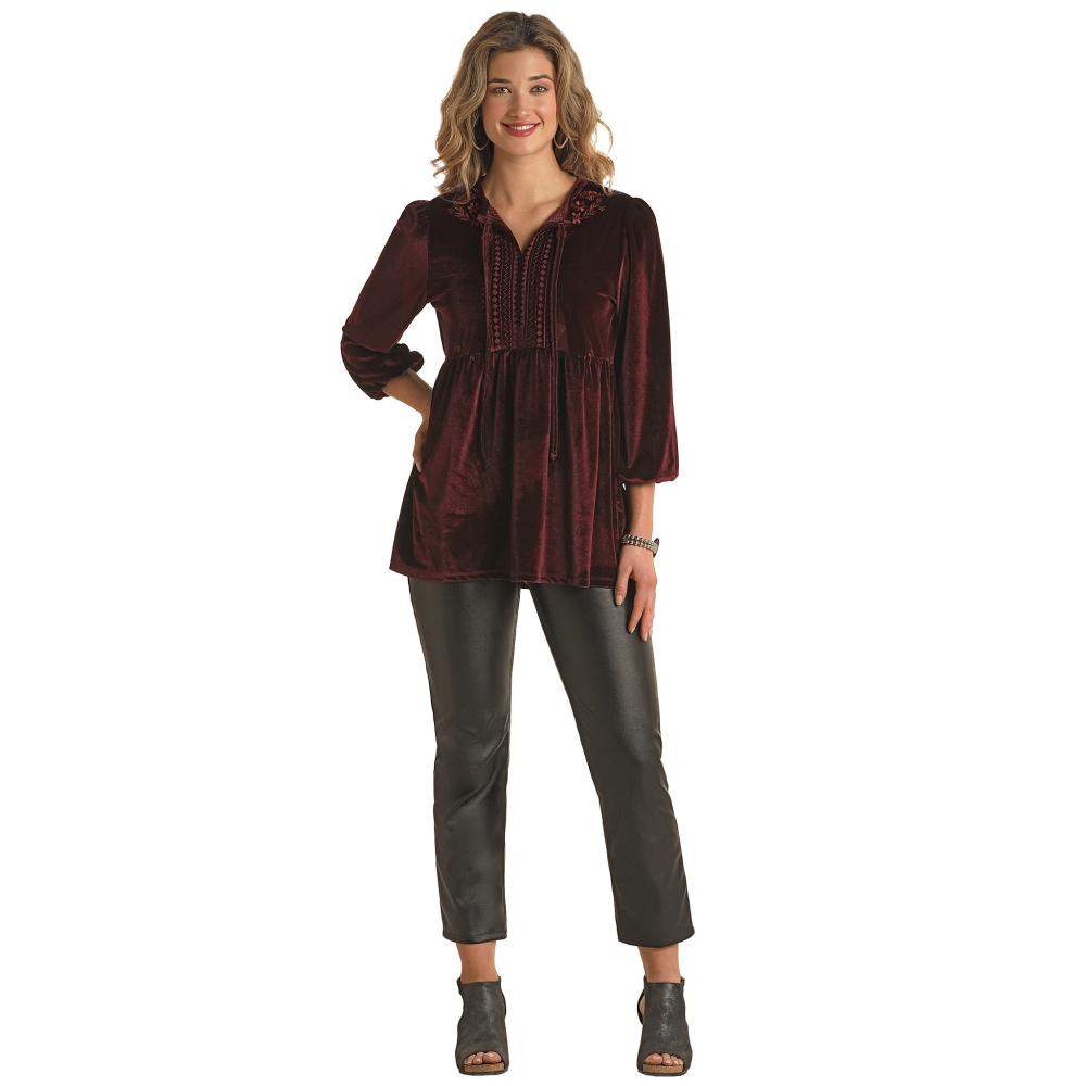 Panhandle Womens Velvet Top With Embroidery