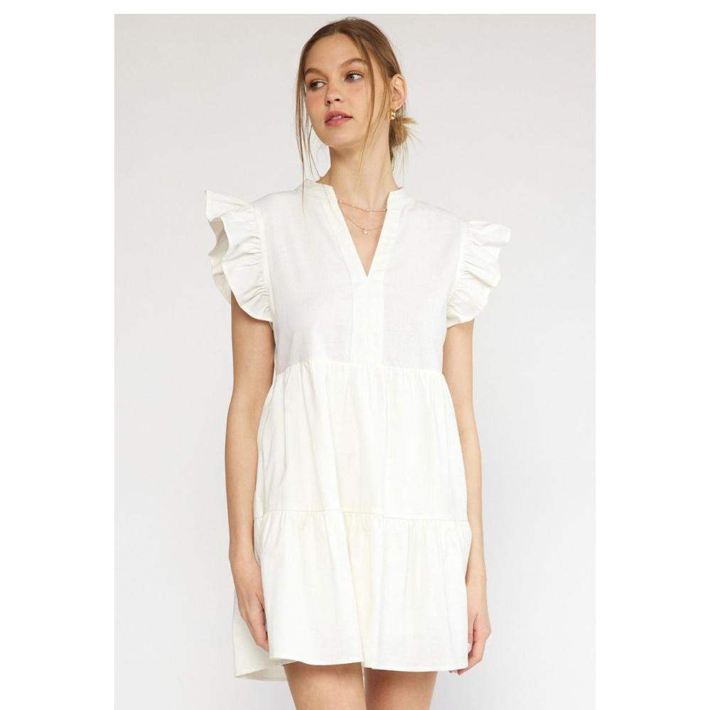 Entro Women's White Ruffle Sleeve Mini Dress