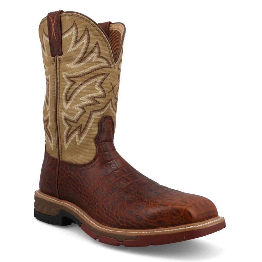 Twisted X Men`s Brown Caiman Print Vamp Alloy Square Toe 11In Top Work