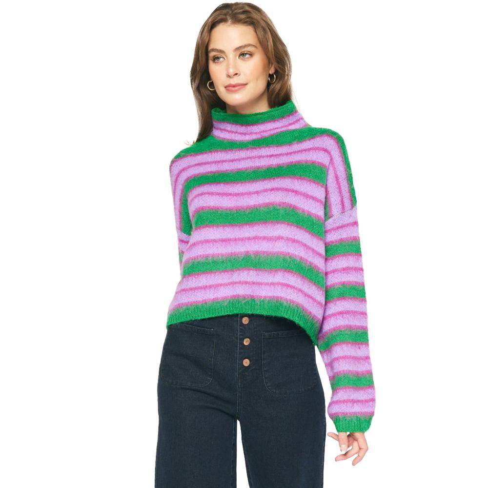Entro Women's Green and Lavender Striped Sweater