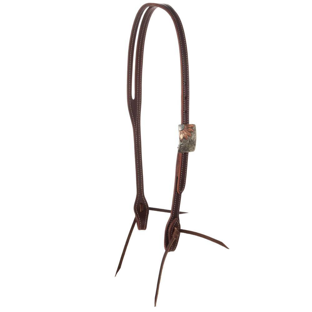 Cowperson Tack Stitched Dark Leather 5/8in.Slot Ear Headstall with Cop