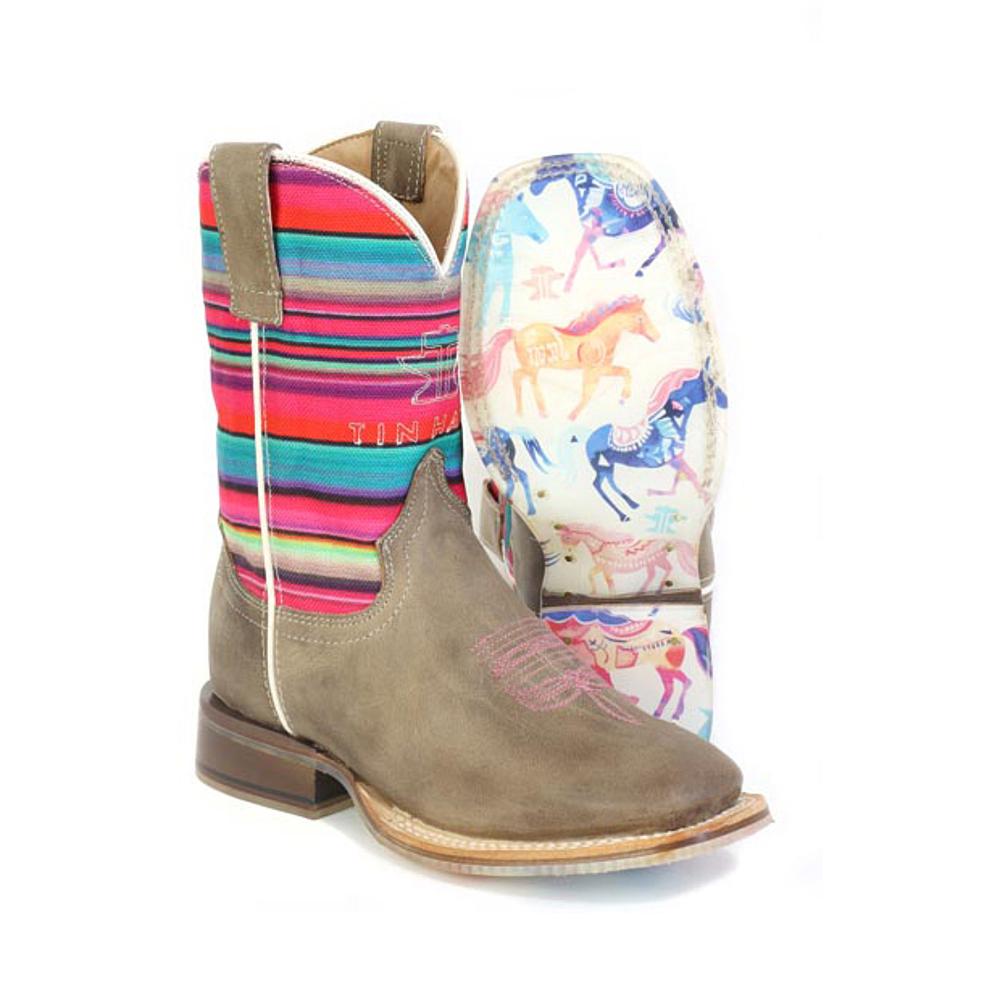 Tin Haul Youth Happy Serape and Colorful Horses Sole Square Toe Boot