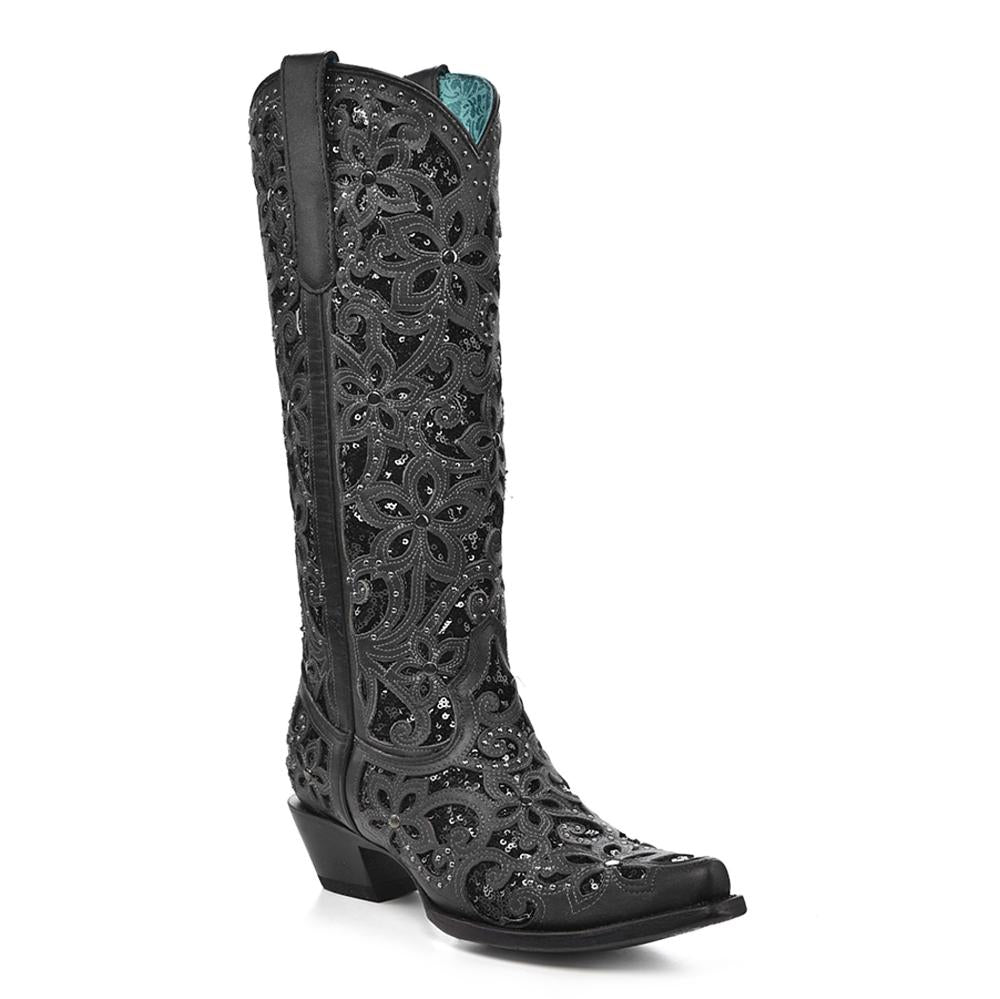 Corral Women`s Black Inlay Floral Crystal Inlay Vamp 13In Matching Top