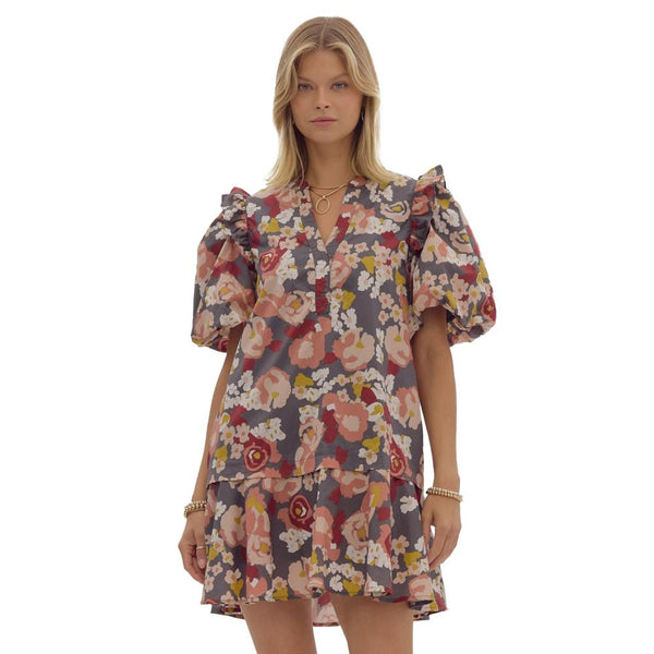 Entro Women's Charcoal Floral Print Mini Dress