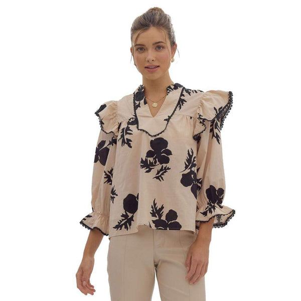 Entro Women's Ecru Print Ruffle Sleeve Top