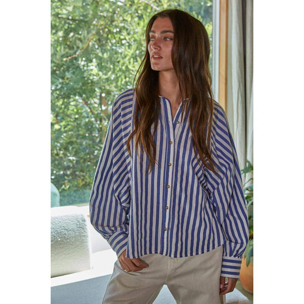 By Together Apparel Women's Blue and White Stripe Joaquin Shirt
