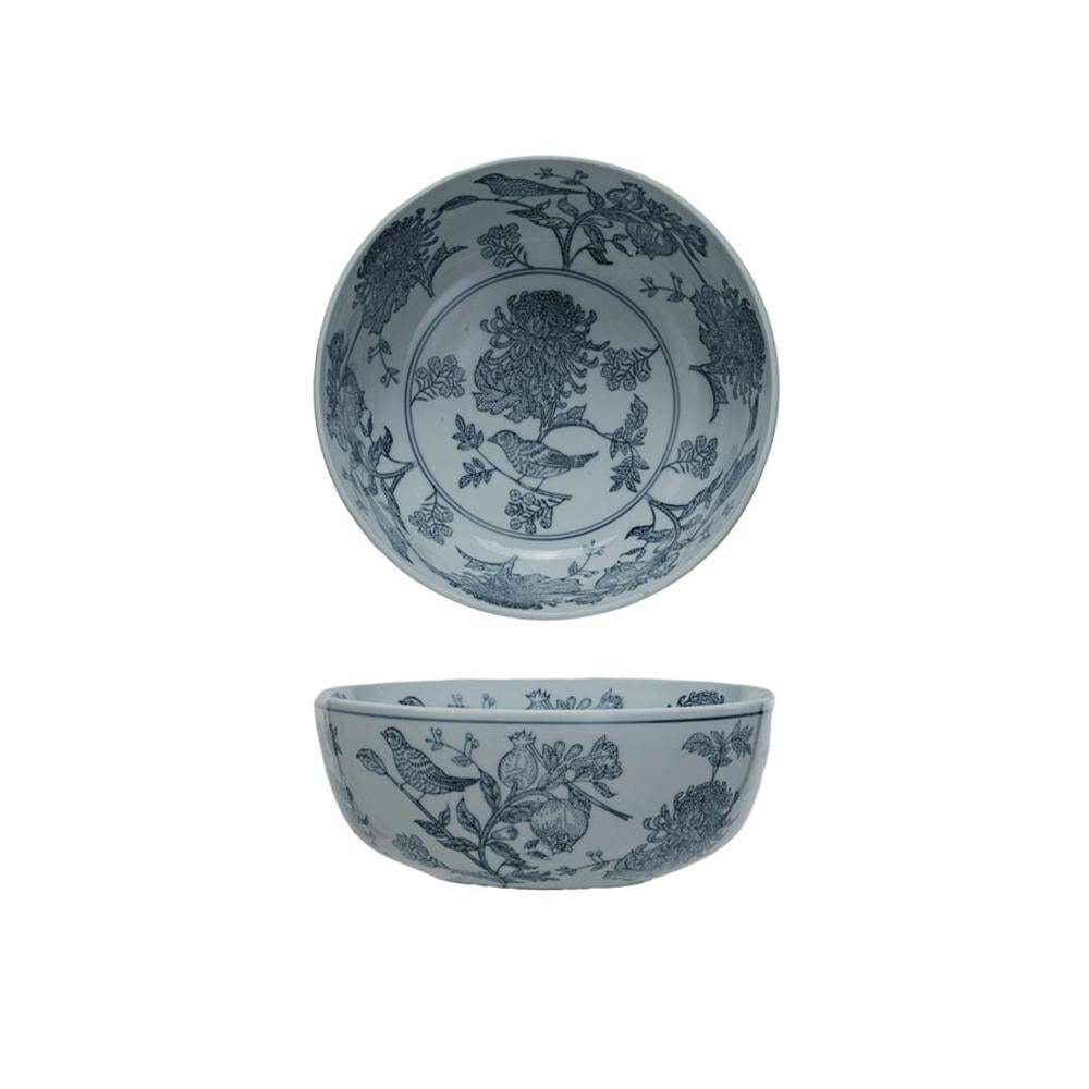 Creative Co-Op Floral Hand Stamped Stoneware Bowl