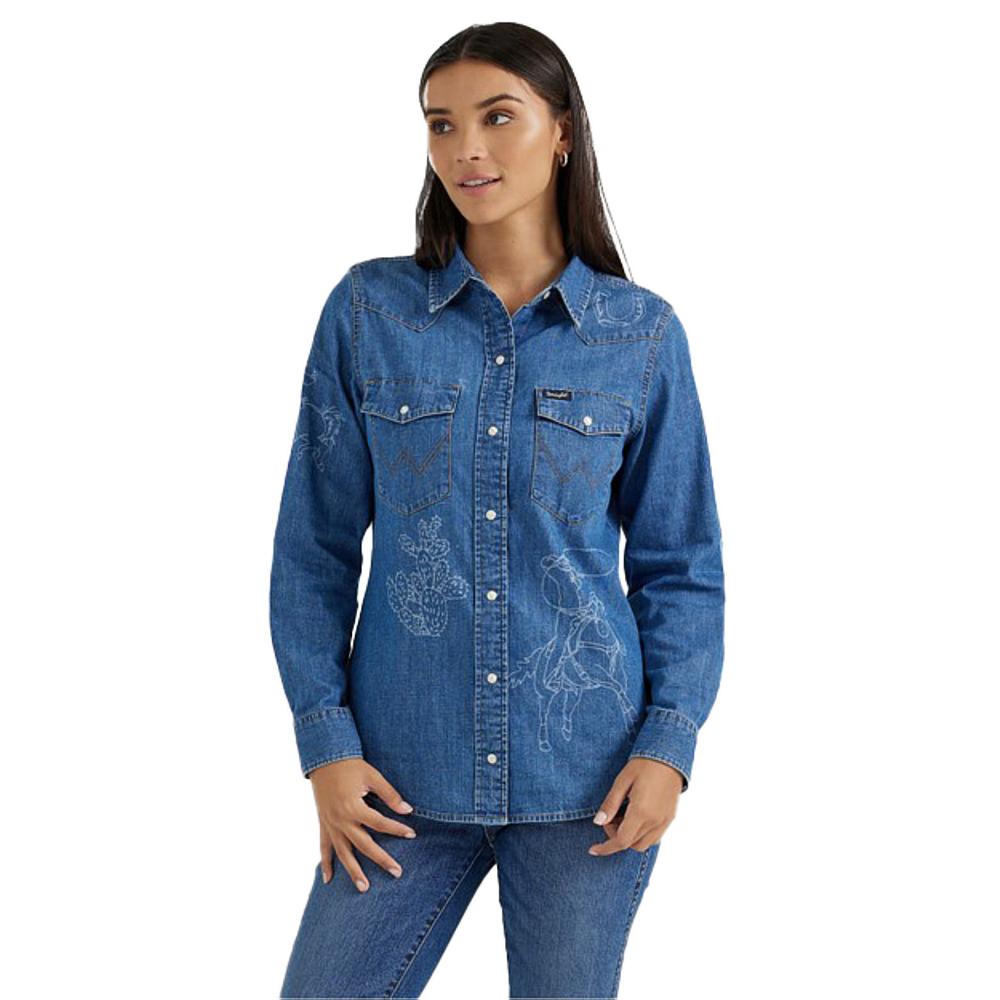 Wrangler Womens Denim Snap Cowboy Laser Shirt
