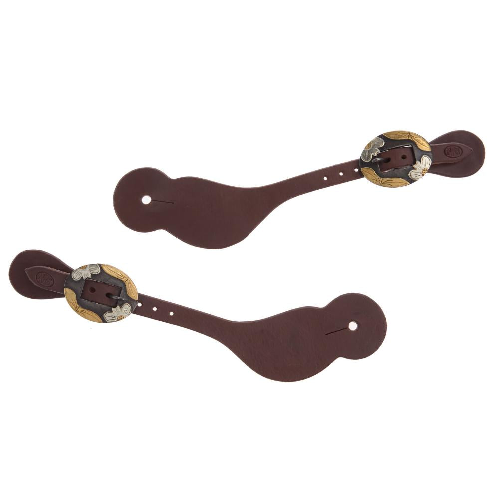 NRS Tack 5/8 Oiled Spur Straps w/ Brass Flower Silver Bar Cart Buckle