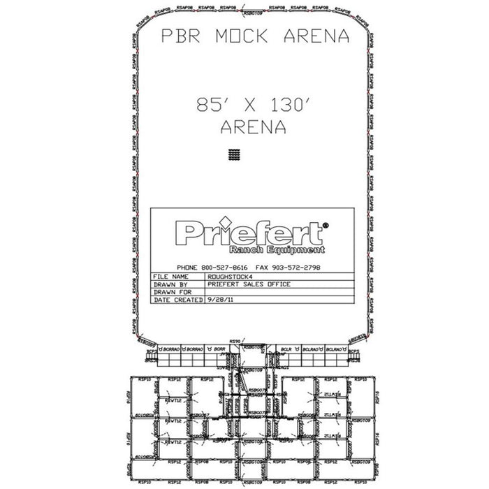 Priefert PBR ARENA; 6 BUCKING CHUTES, BACK PENS, 85 X 130