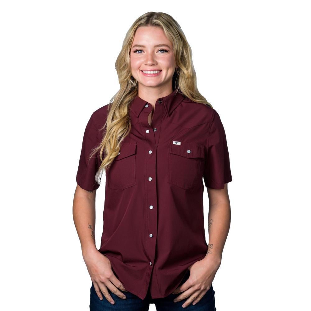 Ferrell Brands Inc Womens Maroon Vented Pearl Snap Shirt