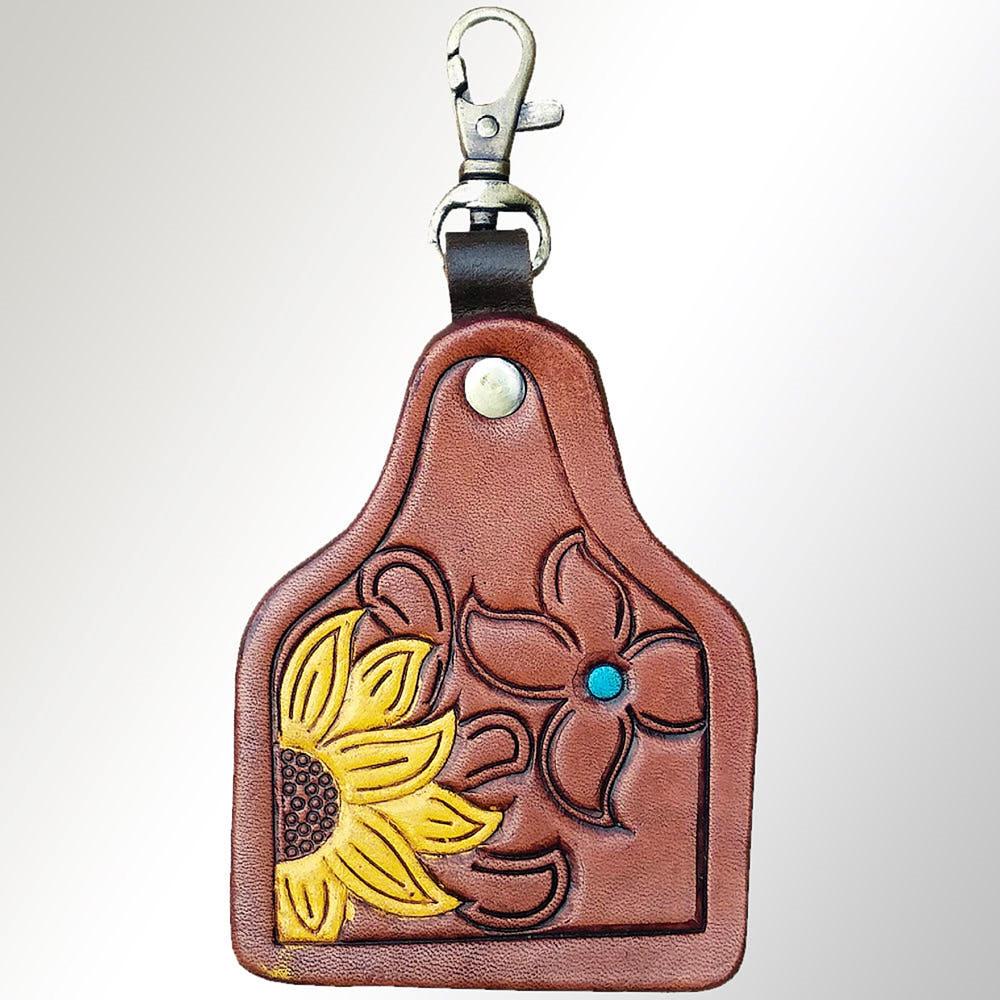American Darling Tooled Leather Ear Tag Keyring