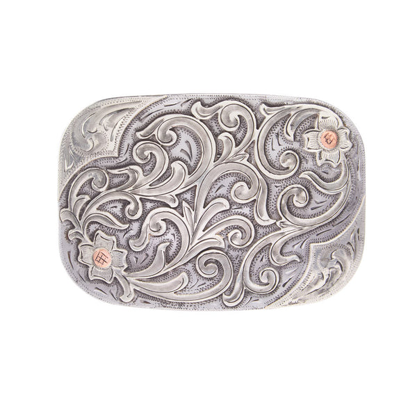 Cowperson Tack Trophy Buckle Engraved with Silver Engraved Iron