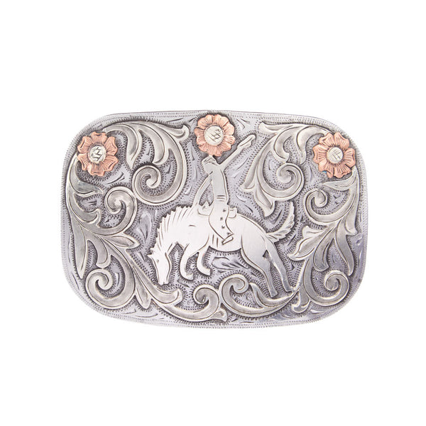 Cowperson Tack Bronc Belt Buckle with Copper Flowers and Engraved Iron