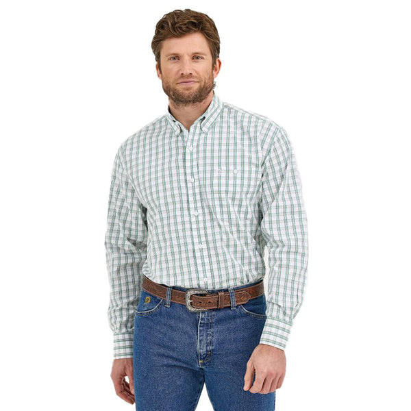 Wrangler Men's George Strait White and Green Plaid Shirt
