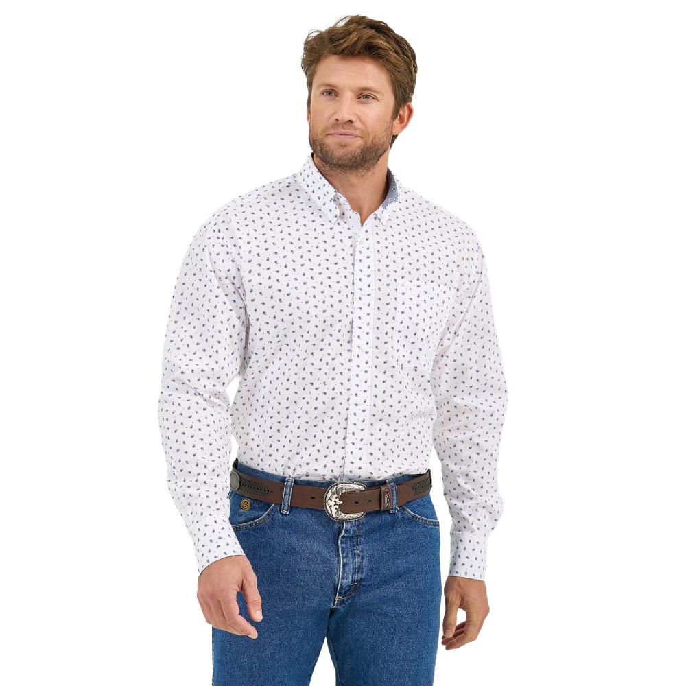 Wrangler Mens George Strait White/Blue Print Long Sleeve Button Down S