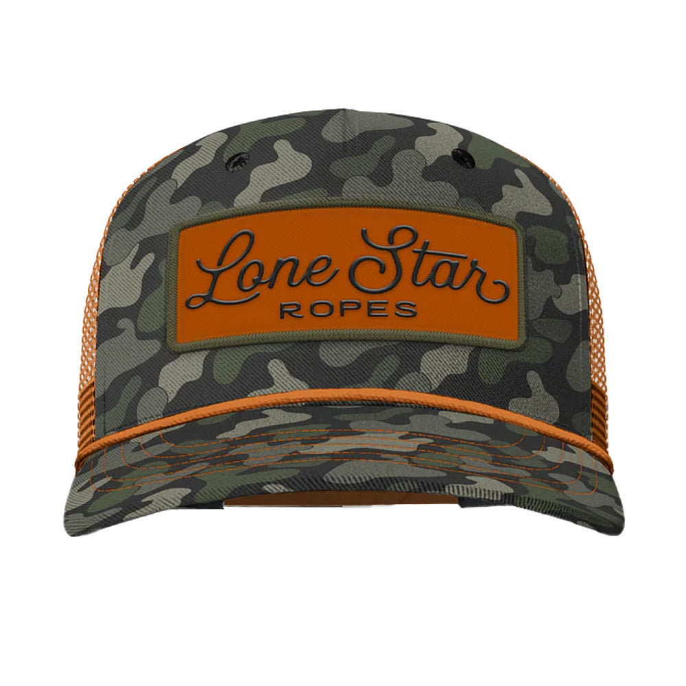 Lone Star Ropes Dark Duck Camo and Orange Script Trucker Cap