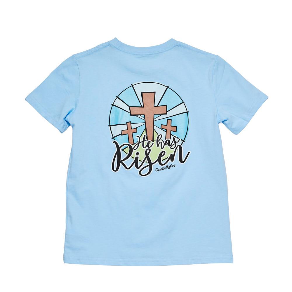 Cardin Mccoy Boys Blue He is Risen Shirt