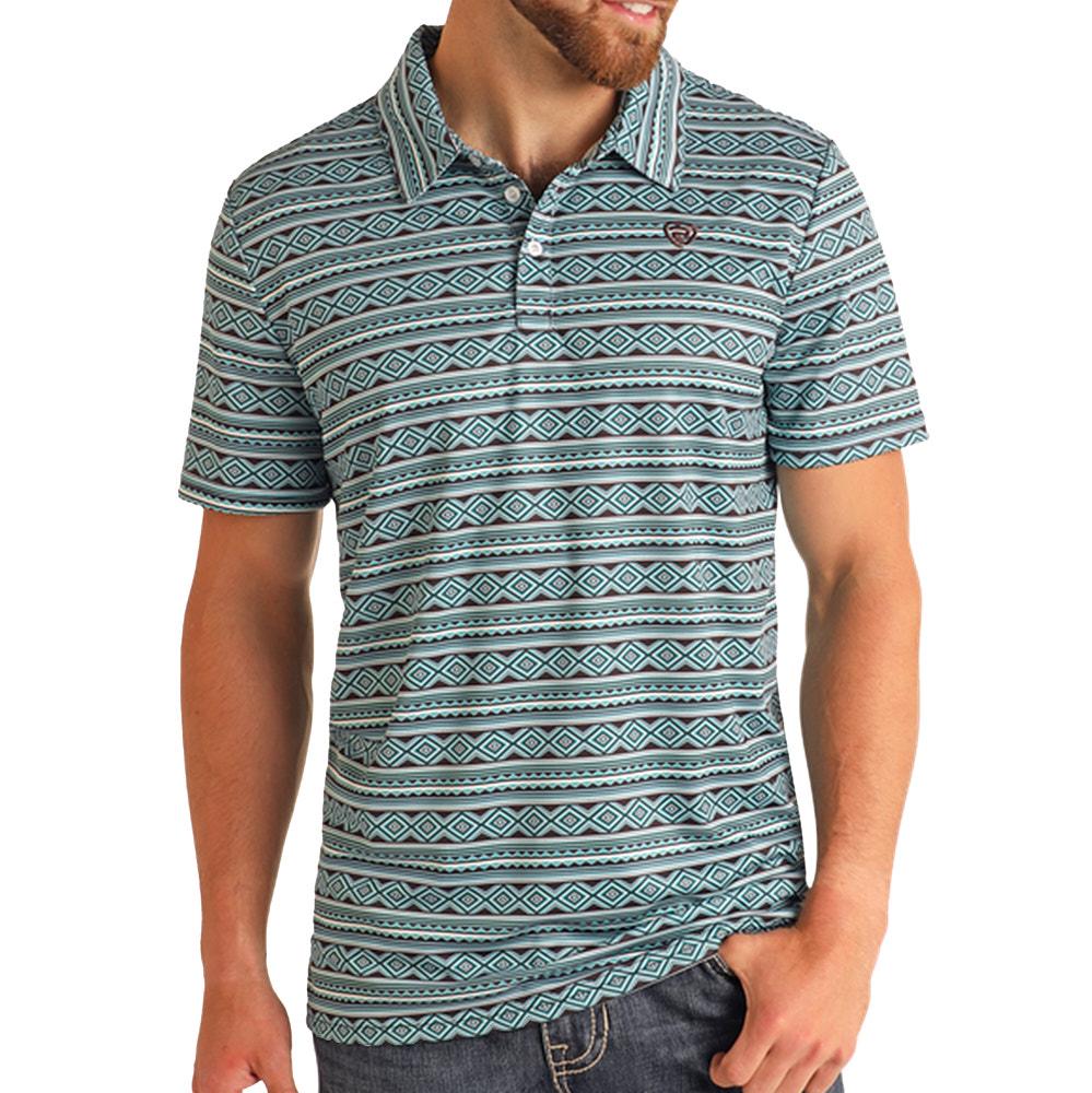 Rock & Roll Denim Teal Aztec Stripe Polo