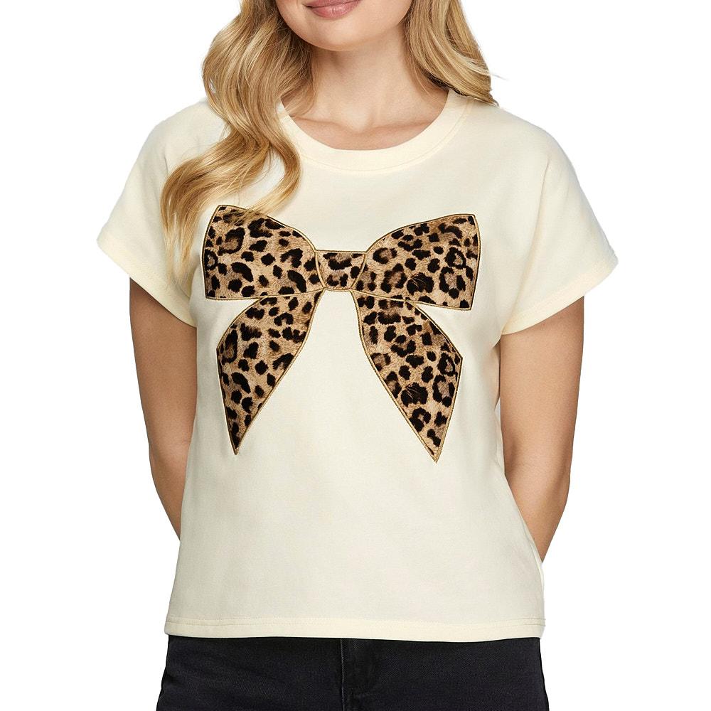 She & Sky Women's Cream Animal Print Bow Top