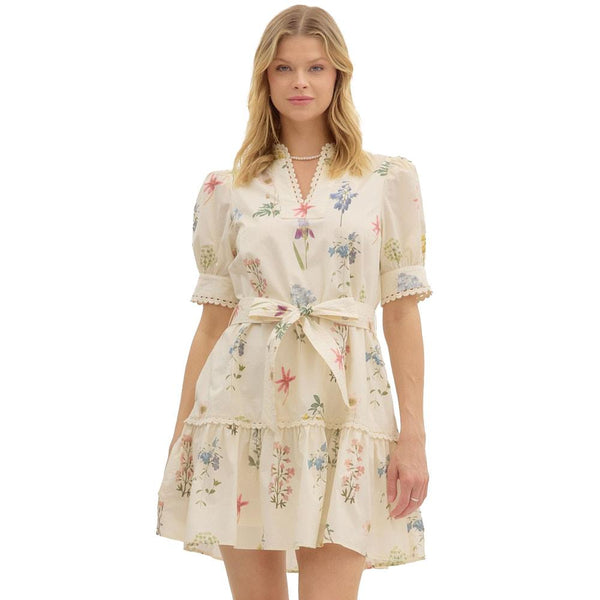 Entro Women's Cream Floral Self Belt Mini Dress