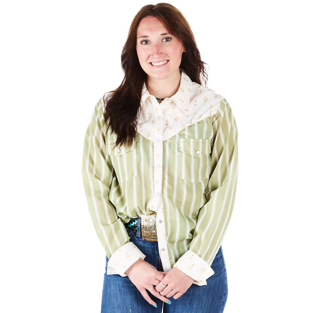 Howdy Hanny Women's Olive Stripe Daisy Pearl Snap Shirt