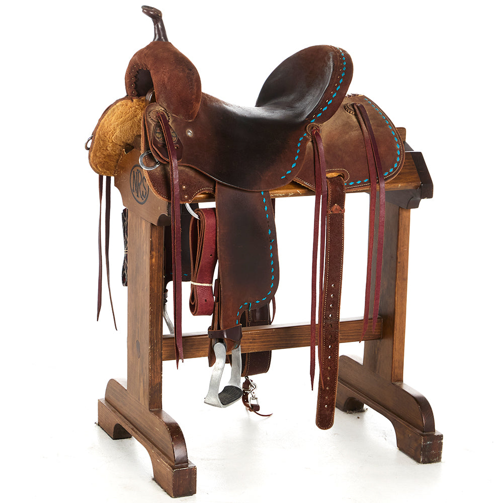 Robert Teskey Used 15in Chocolate with Turquoise Buckstitch Barrel Sad