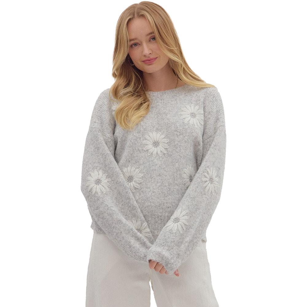 Entro Women's Silver Daisy Applique Sweater