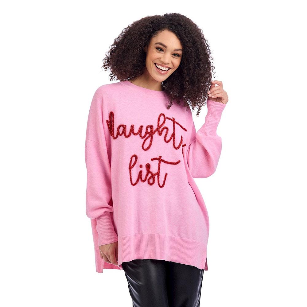 Mud Pie Women's Naughty List Pink Sparkle Sweater