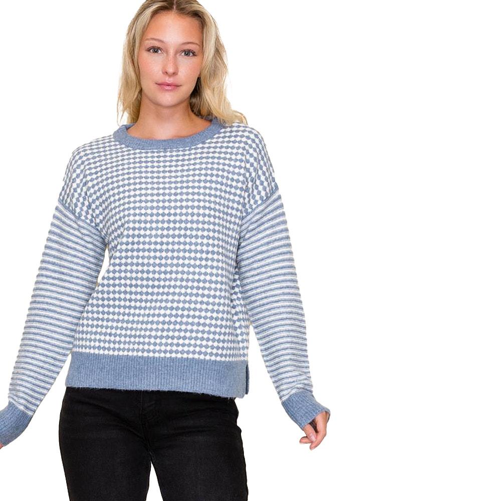 Staccato Women's Slate Blue Checkerboard Striped Top
