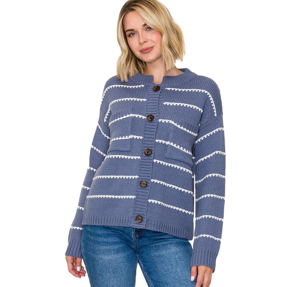 Staccato Women's Denim High Neck Textured Stripe Top
