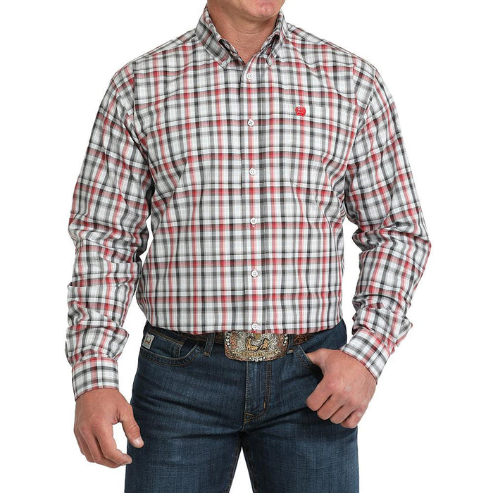 Cinch Men's Grey & Red Plaid Print Shirt