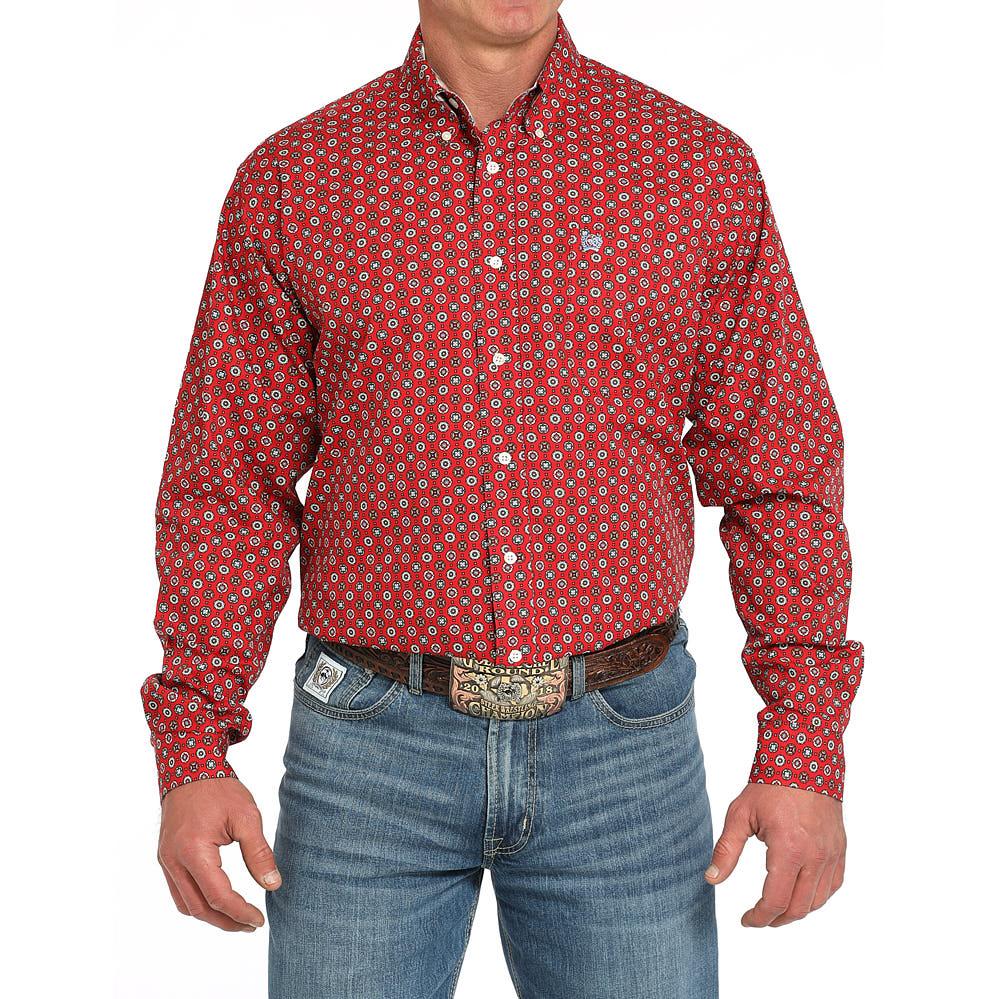 Cinch Men's Allover Red Print Long Sleeve Button Shirt