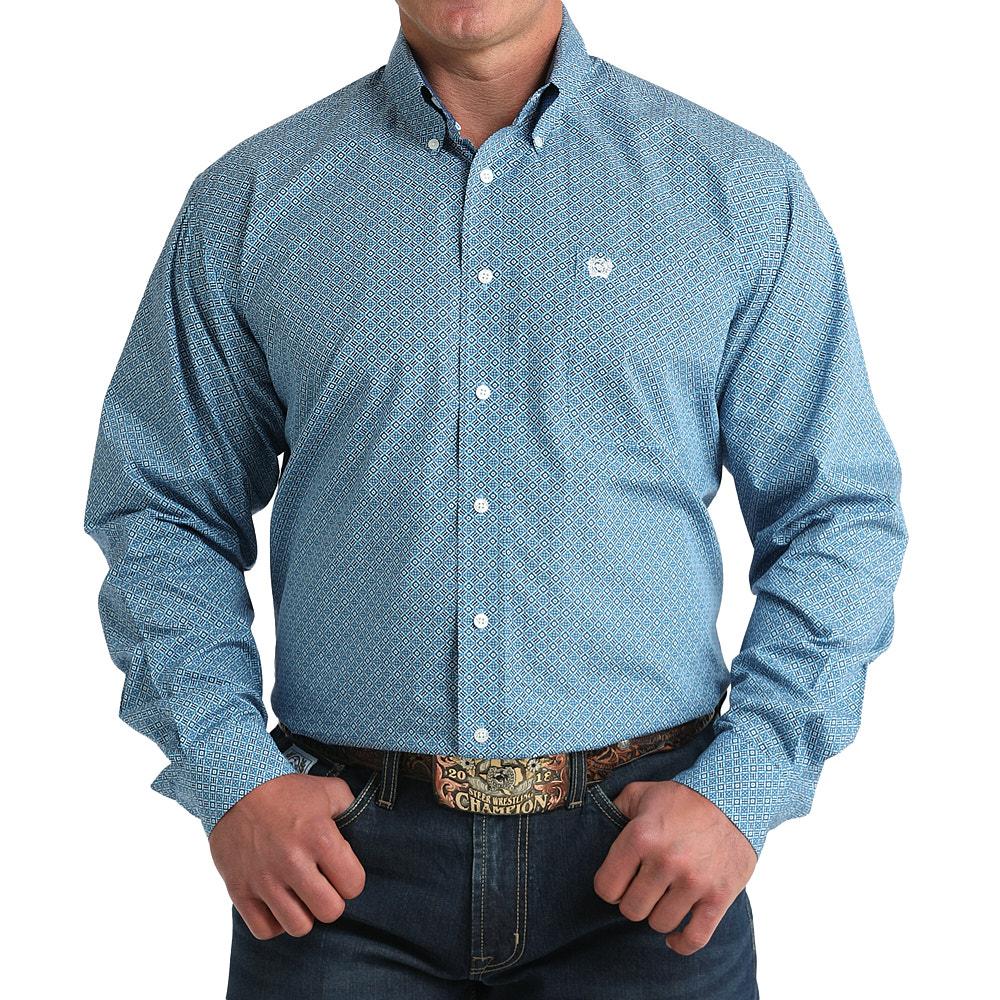 Cinch Men's Blue Printed Long Sleeve Button Shirt