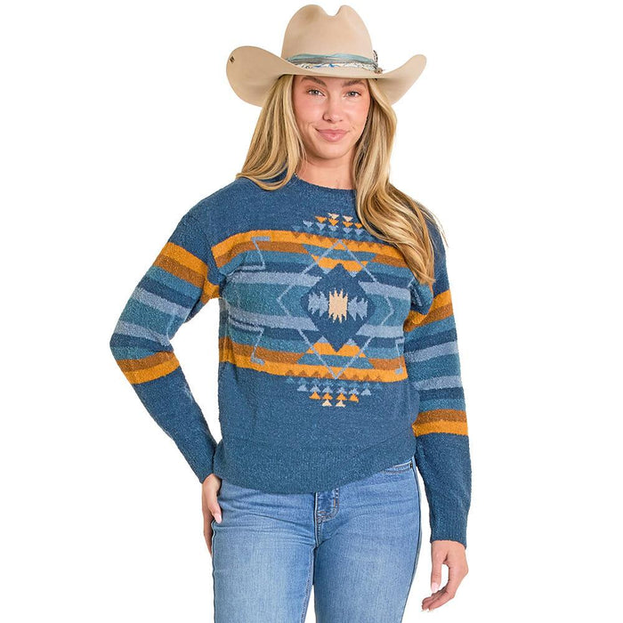 Panhandle Women's Navy Boucle Aztec Sweater