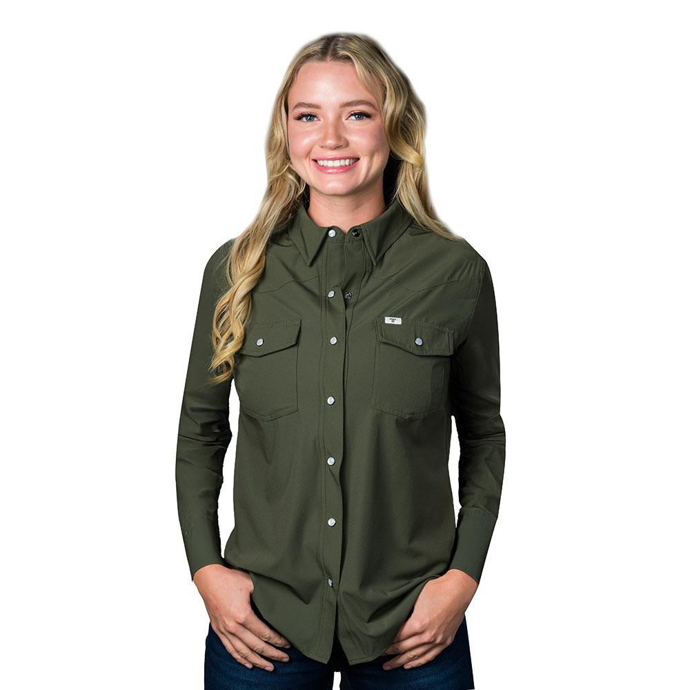 Ferrell Brands Inc Women's Olive Vented Pearl Snap Shirt