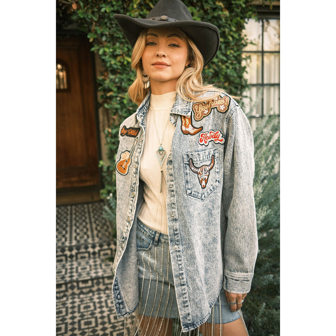 Blue B Womens Denim Shirt Jacket with Patches