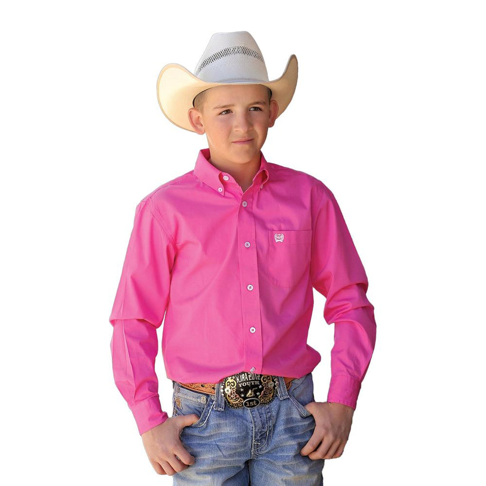 Cinch Boy's Solid Pink Button Down Long Sleeve Shirt