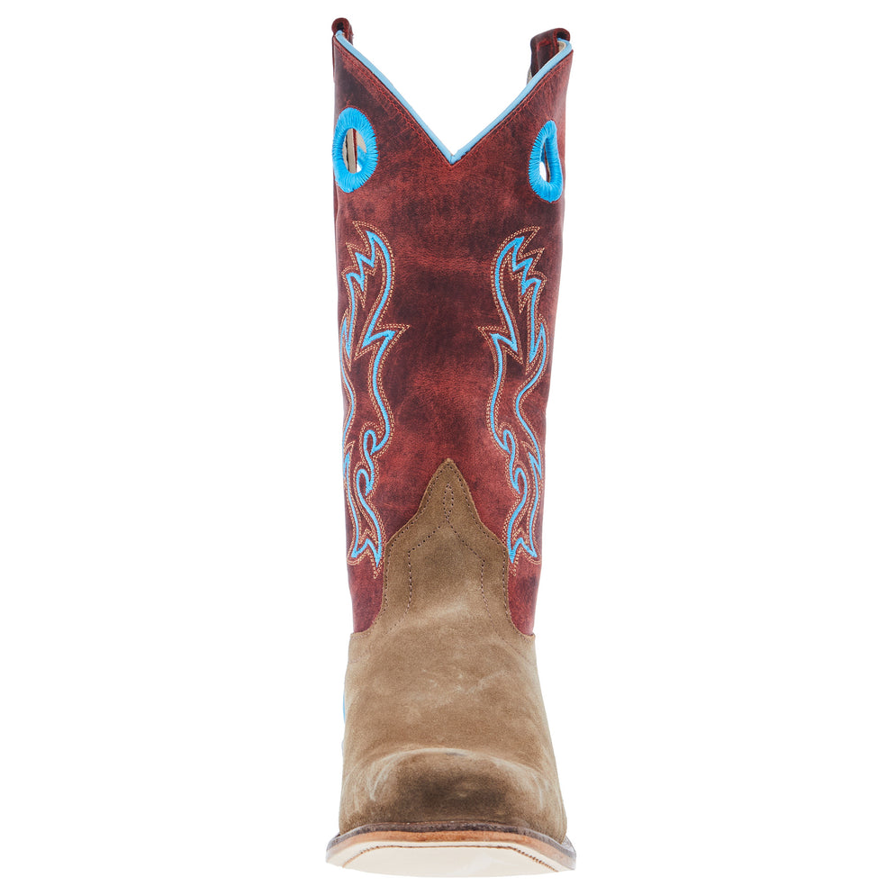 Old West Youth Camel Suede Cutter Toe with Cloudy Red Shaft and Leathe