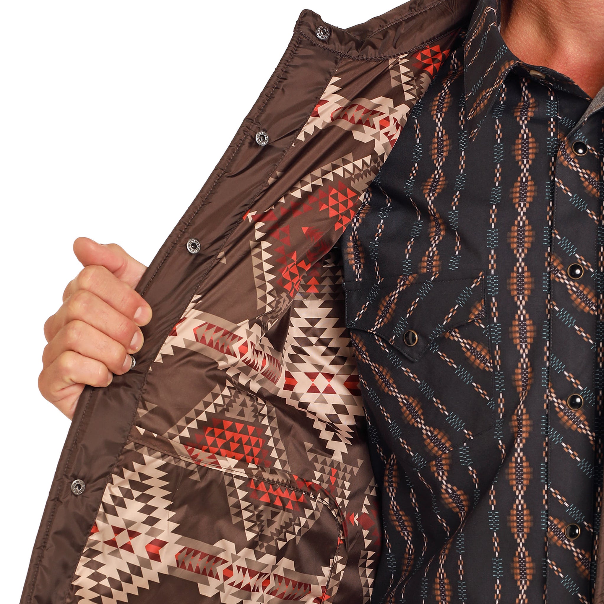 Rock & Roll Denim Brown Puffer with Aztec Lining Jacket