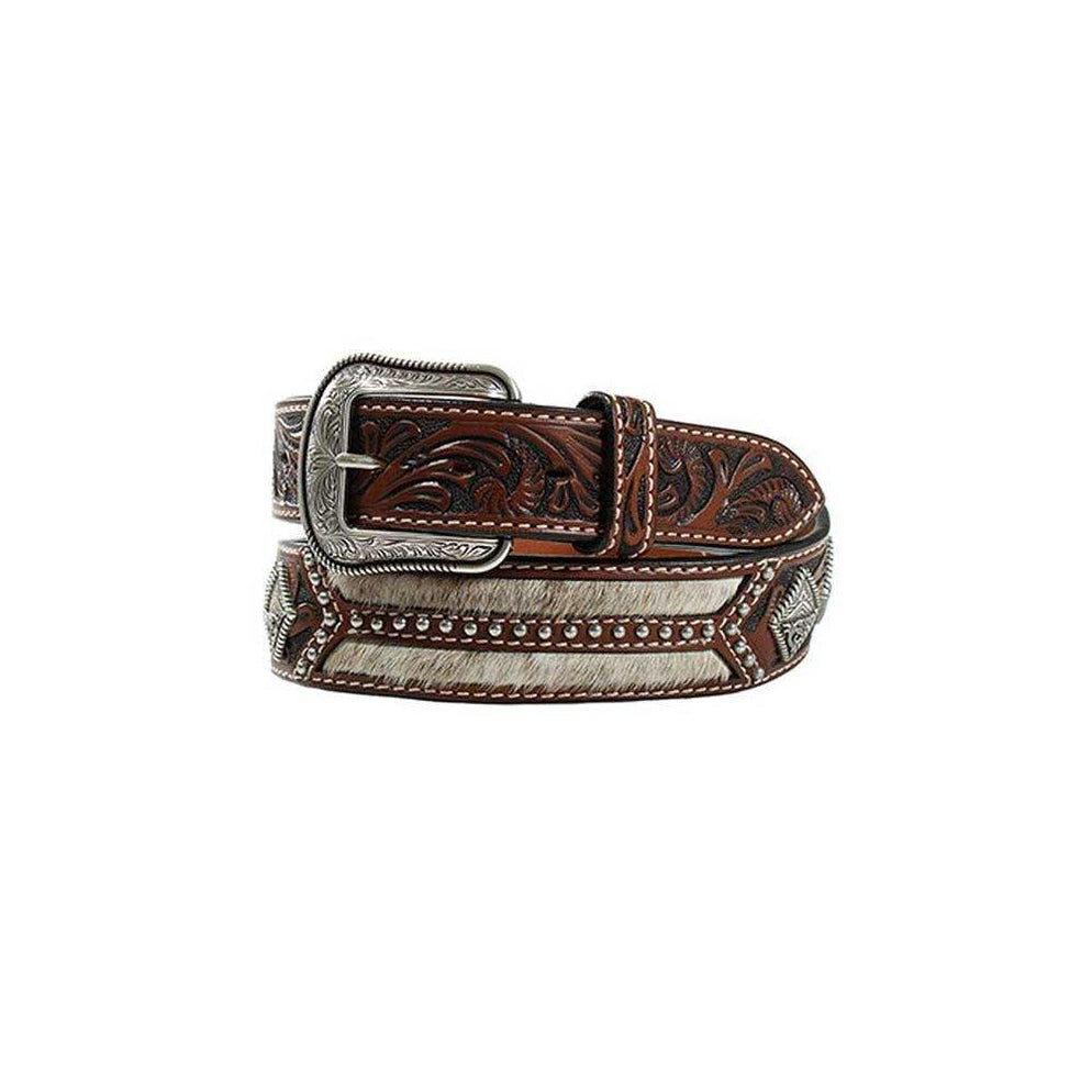 Mens 3D Tooled Concho Calf Hair Belt