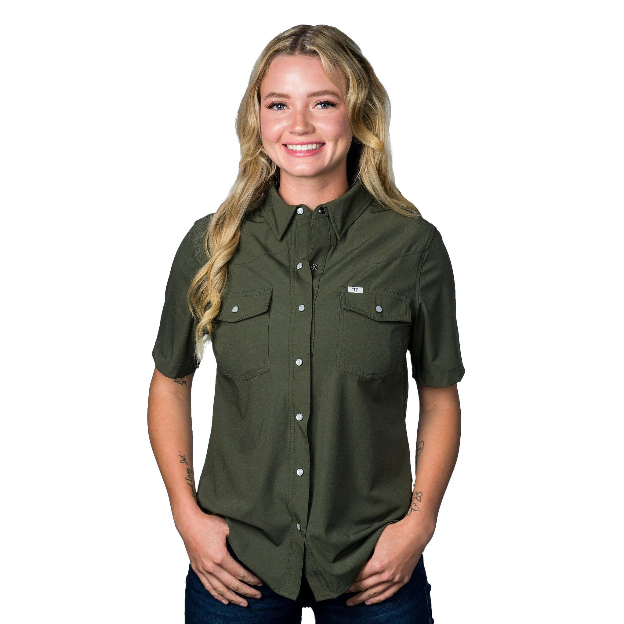 Ferrell Brands Inc Womens Olive Green Vented Pearl Snap Shirt